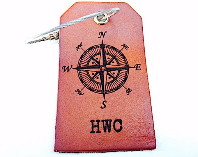 Monogrammed Leather Luggage Tag, Compass Rose Travel Tag, for Him, Bag ...