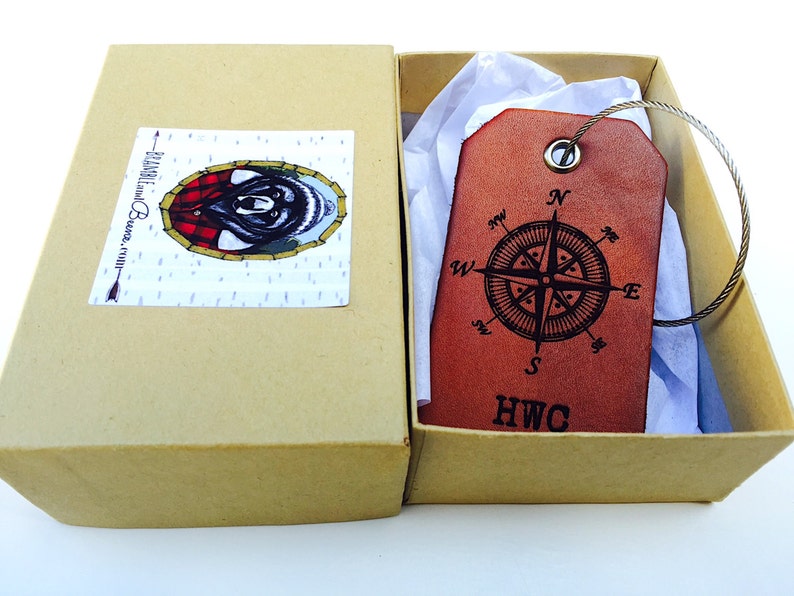 Monogrammed Leather Luggage Tag Compass Rose Travel Tag For | Etsy
