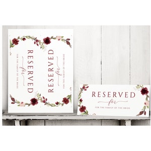 Reserved Cards Sign Template Wedding Signs Burgundy Boho Wreath Tent or ...
