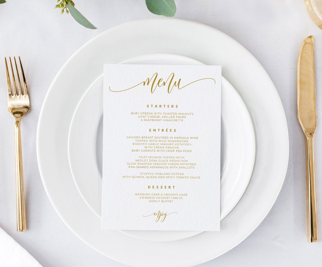 Modelo de menu de casamento dourado Menus de casamento para impressão ...