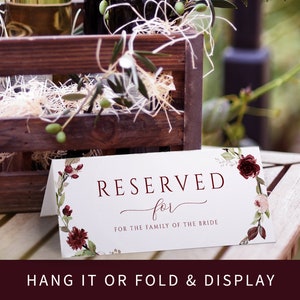 Reserved Cards Sign Template Wedding Signs Burgundy Boho Wreath Tent or ...