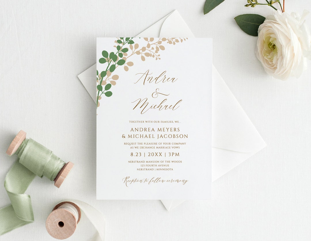 Editable Color Wedding Invitation Template Exquisite Vines green & Tan ...