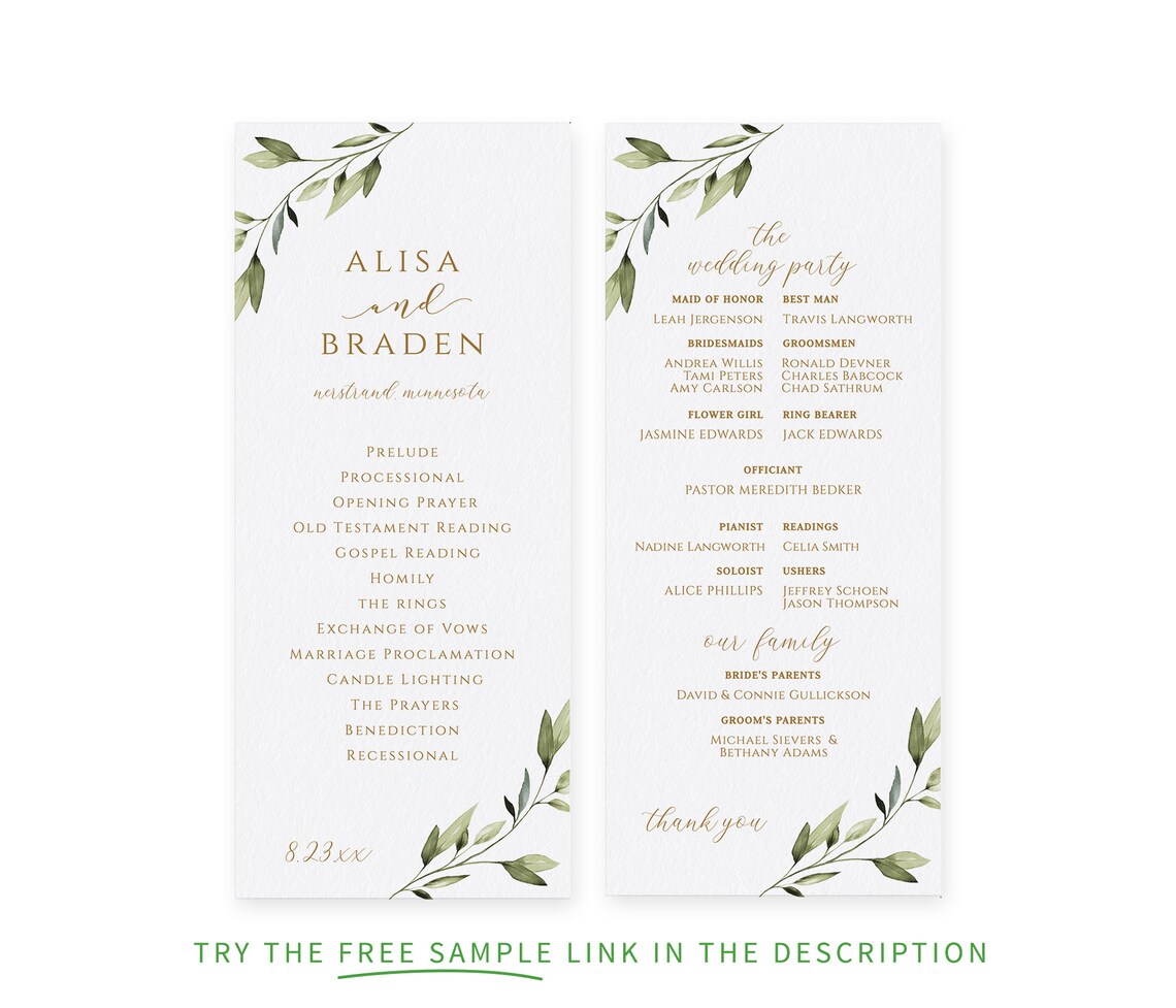 Ethereal Greenery Wedding Program Template tall Printable | Etsy