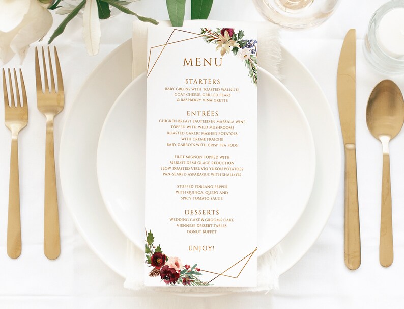 Winter Wedding Menu Template Burgundy Geometric Menus | Etsy