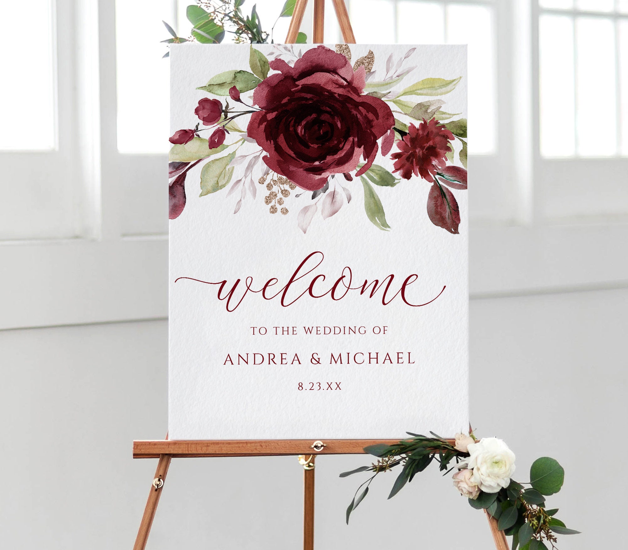 Burgundy Wedding Welcome Sign Burgundy Wine Watercolor | Etsy