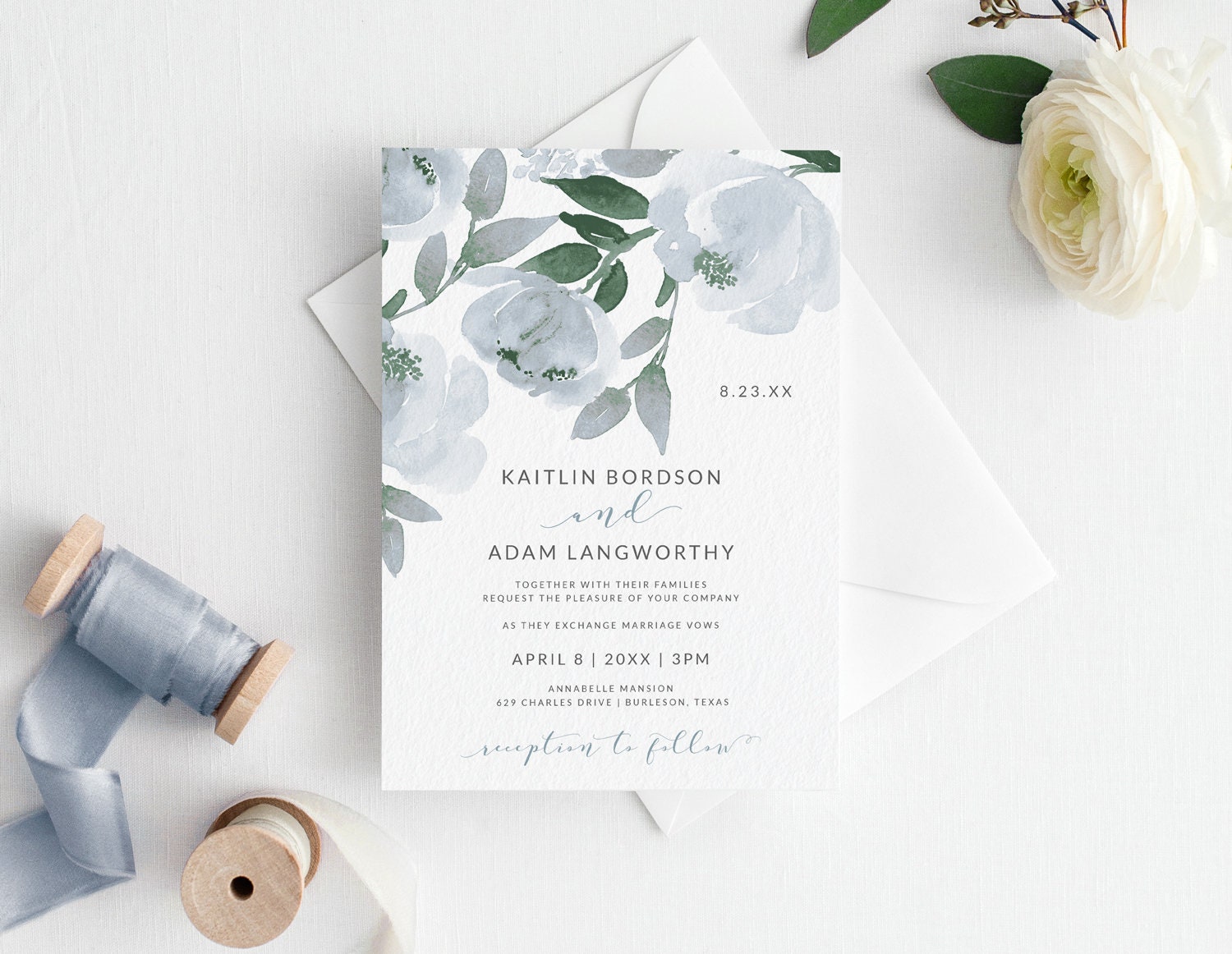 Dusty Blue Wedding Invitation Template Soft Dusty Blue & | Etsy