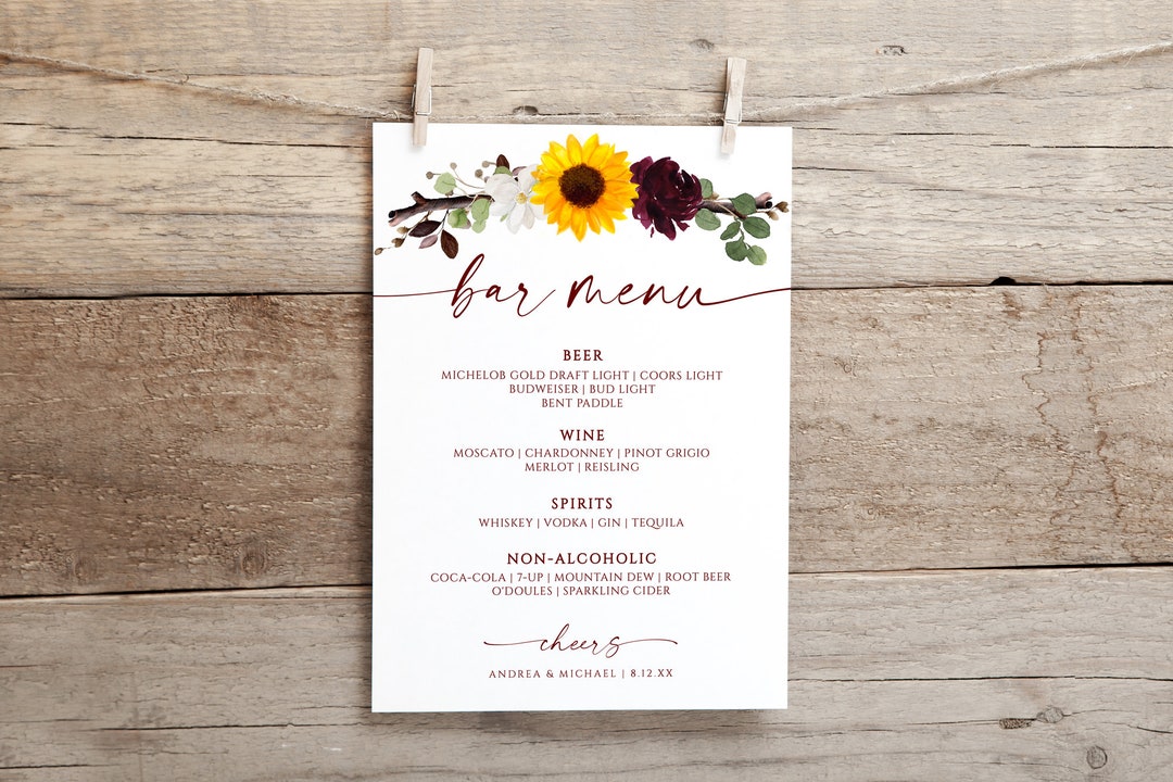 Bar Menu Sign Fall Wedding Bar Menu Sunflowers & Burgundy - Etsy
