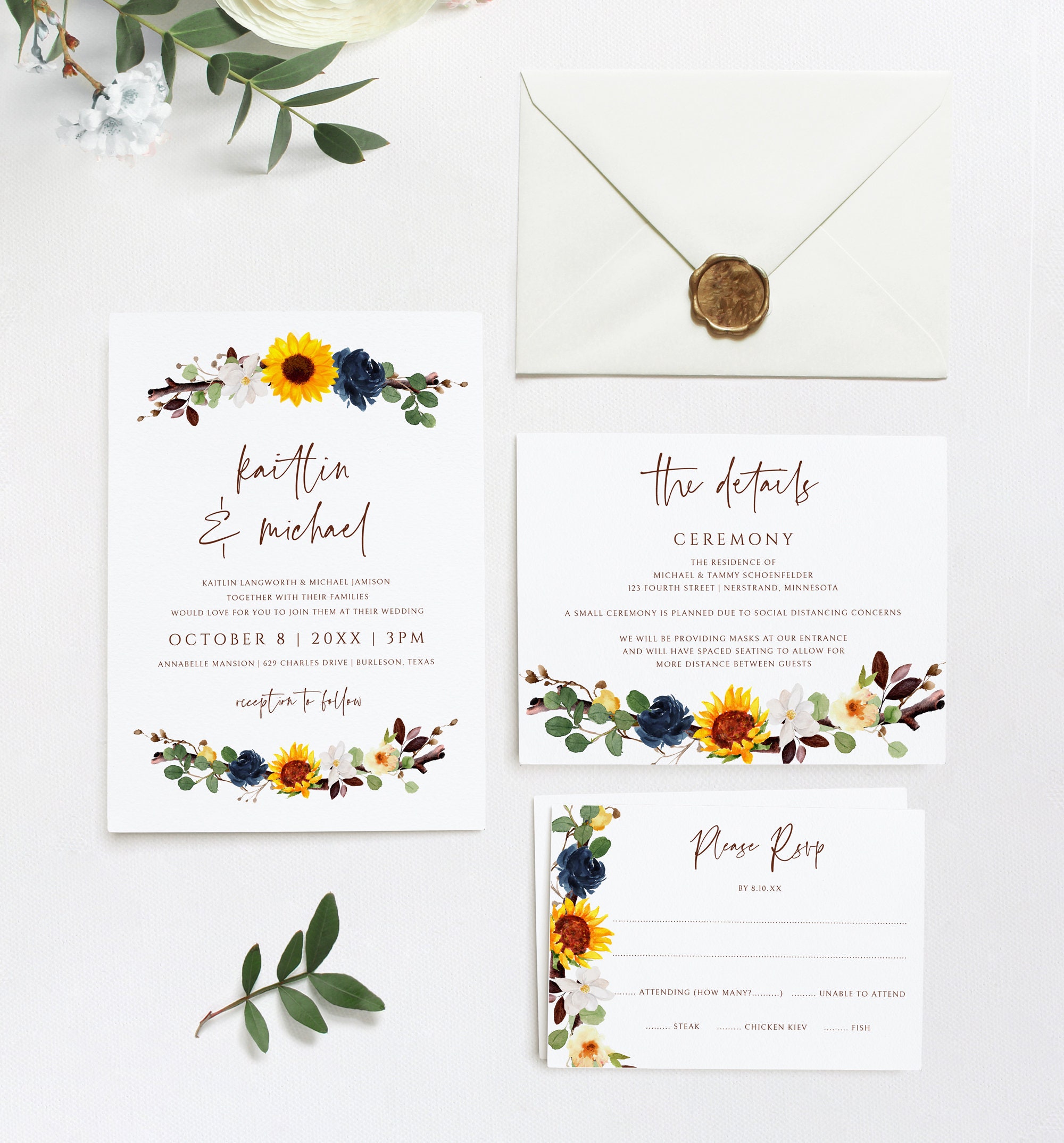 Sunflower Wedding Invitation Template Set / Suite Fall | Etsy