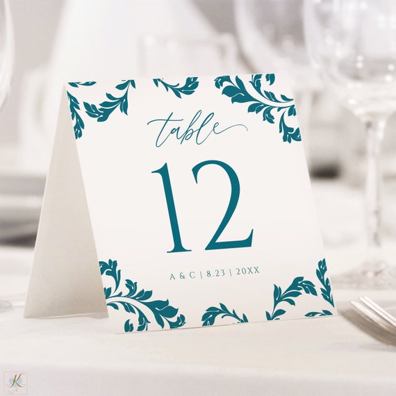 Elegant Table Numbers Template Flourish dark Turquoise | Etsy