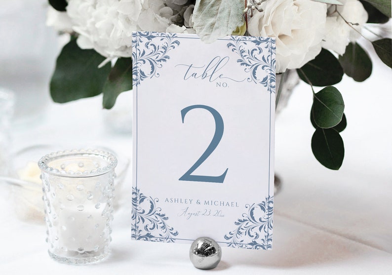Vintage Dusty Blue Wedding Table Numbers Template Elegant - Etsy