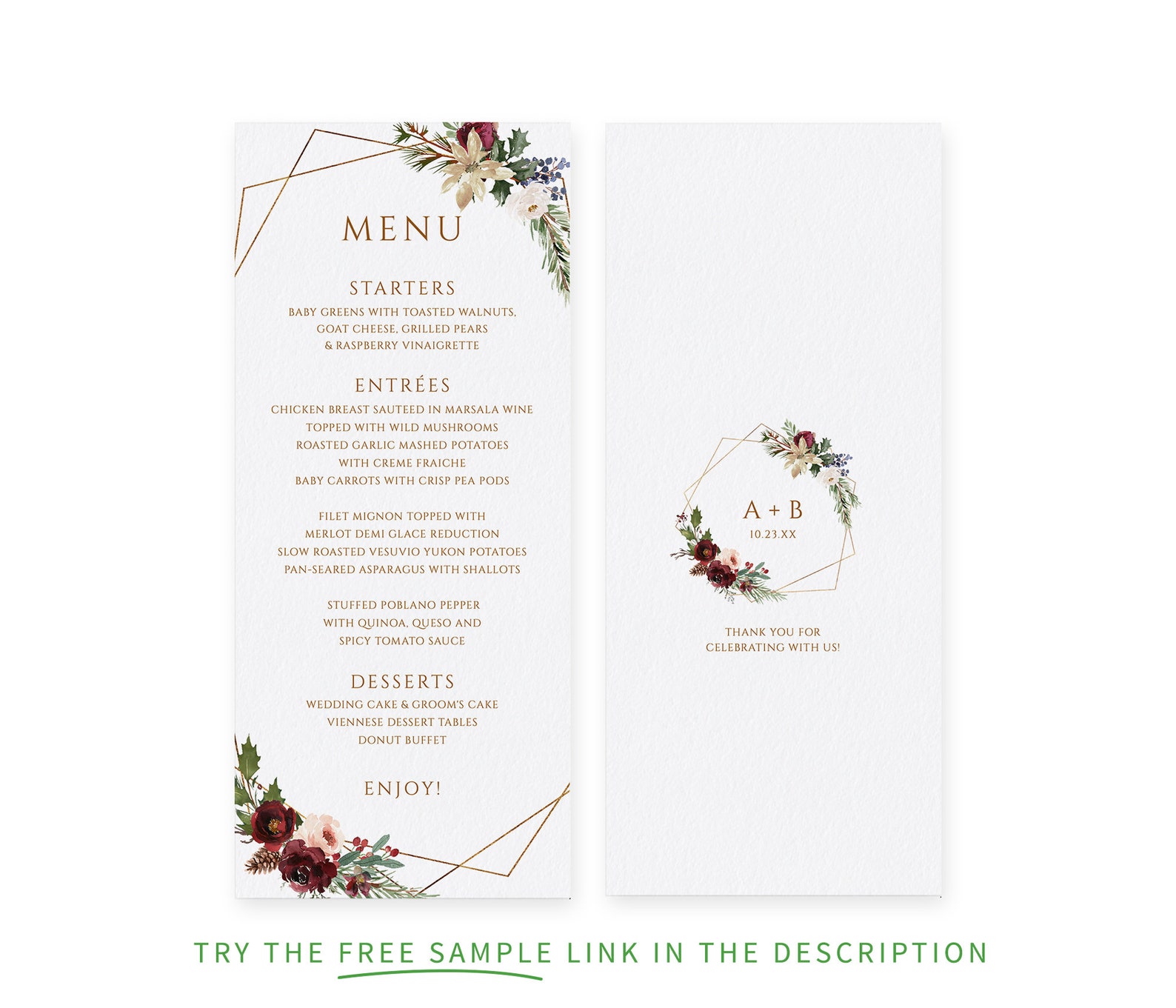 Winter Wedding Menu Template Burgundy Geometric Menus | Etsy