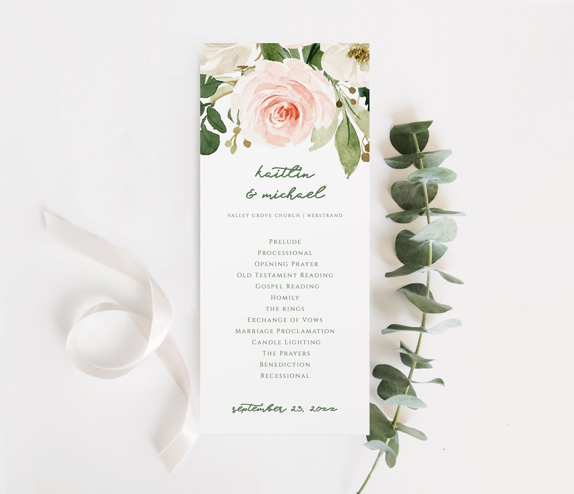 Blush Pink Wedding Program Template Floral & Greenery - Etsy
