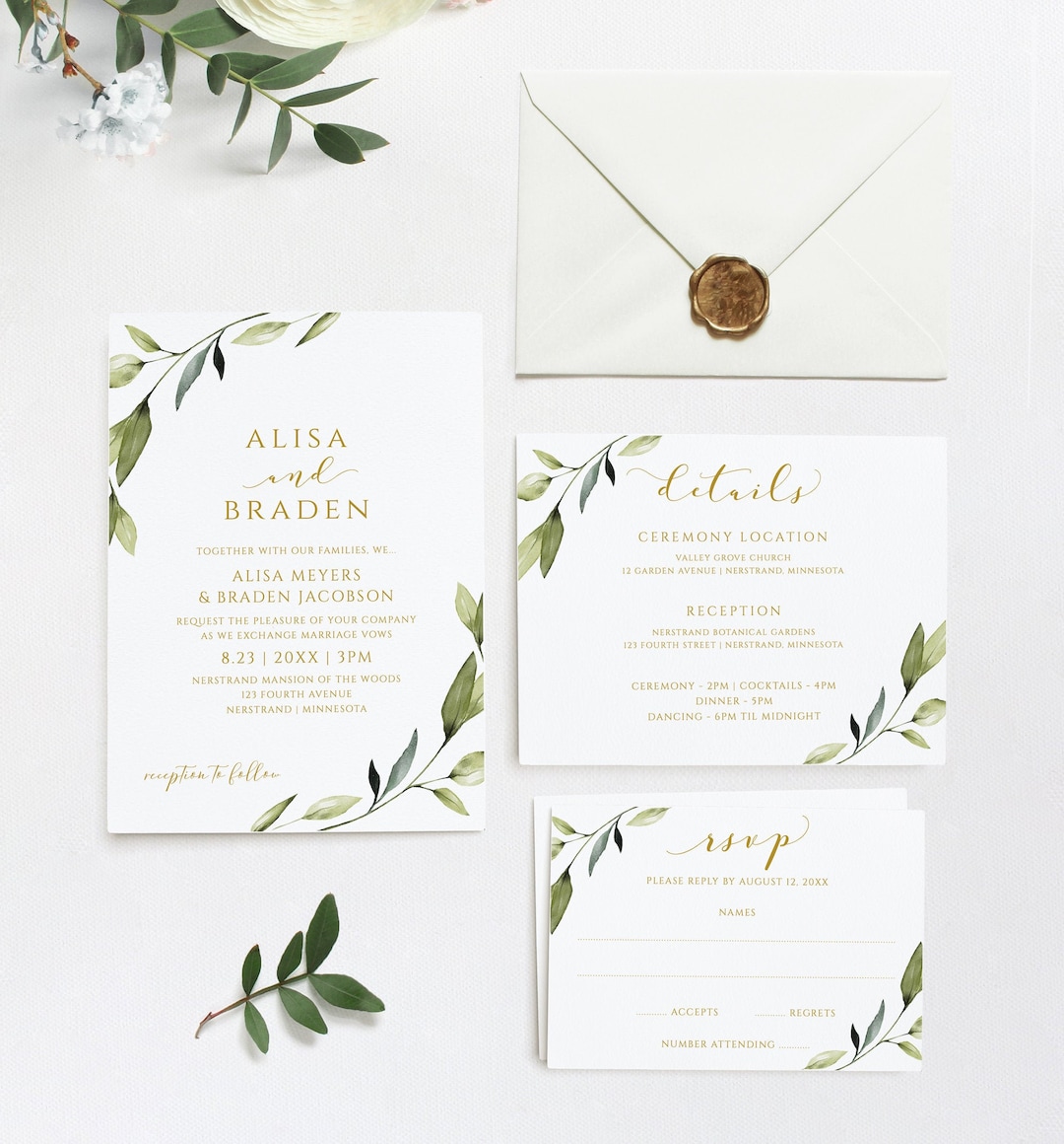 Ethereal Greenery Wedding Invitation Template Set (EDITABLE in Templett ...