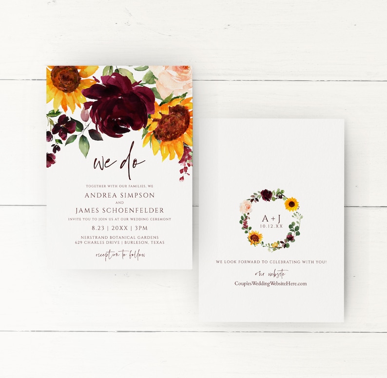 Fall Wedding Invitations Sunflowers & Roses Fall Wedding - Etsy