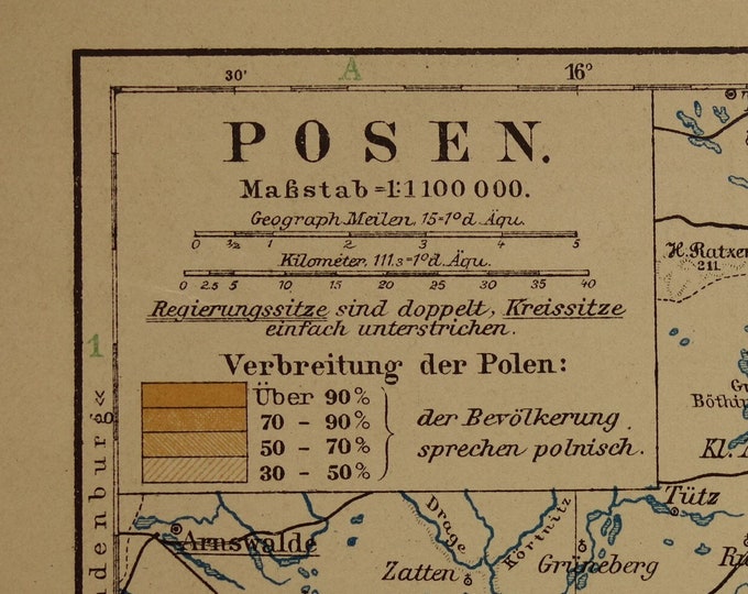 POZNAN Old Map of Posen Germany Province 1906 Original Antique Print ...