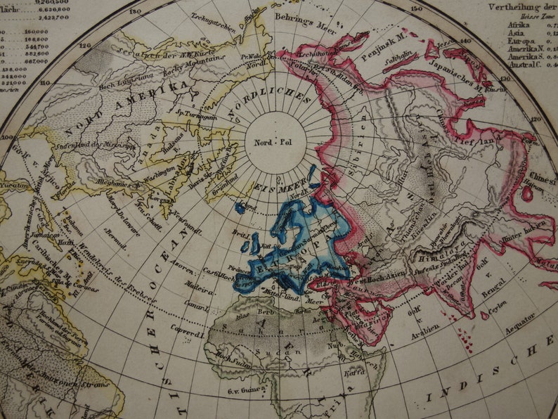 Antique World Map 1849 Original 175+ Years Old Print Double Hemisphere ...