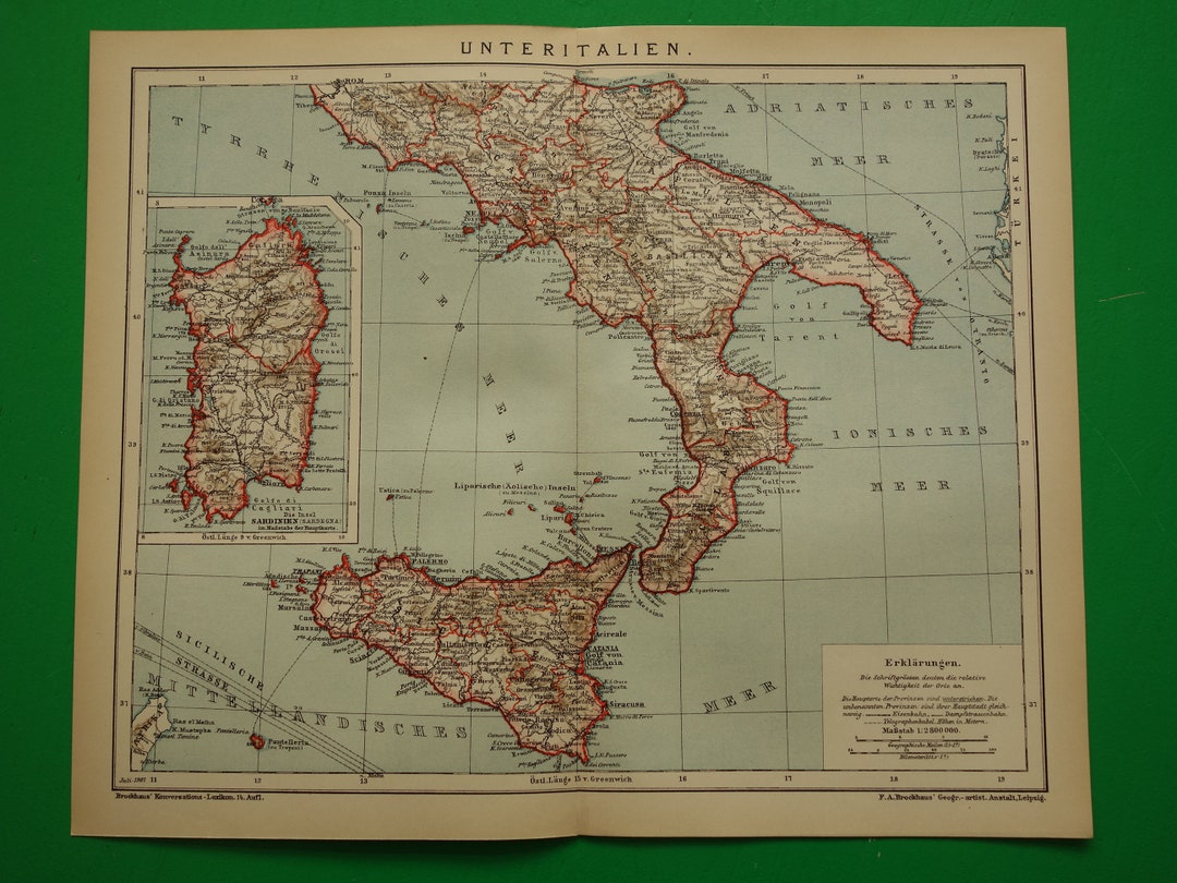 ITALY Old Map of Southern Italy 1907 Original Antique Detailed and ...
