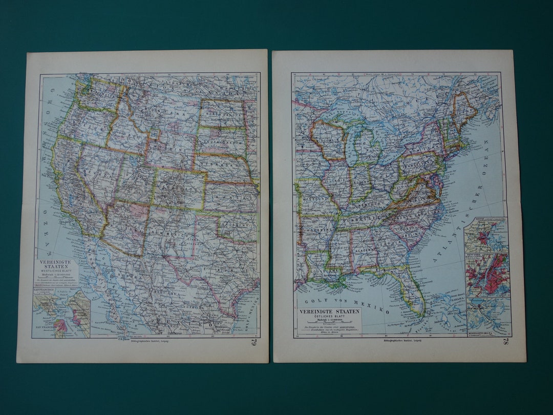 USA Old Map of the US 1928 Original Vintage Maps Two 2 Detailed Prints ...