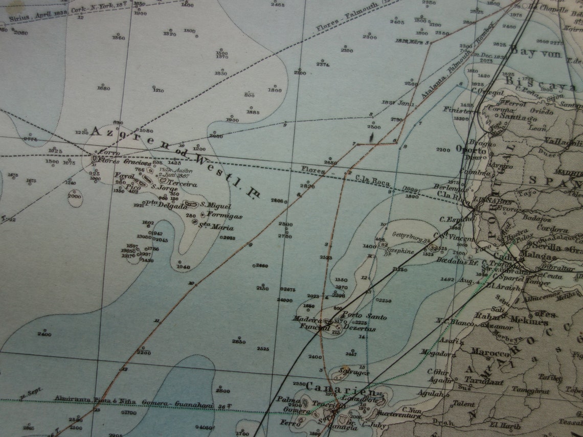 ATLANTIC Ocean Map 1886 Original Large Old Print of Sea Depth | Etsy