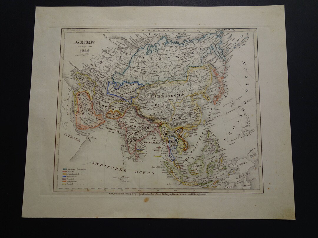 ASIA Old Map of Asia 1849 Original Hand Colored Antique Print of ...