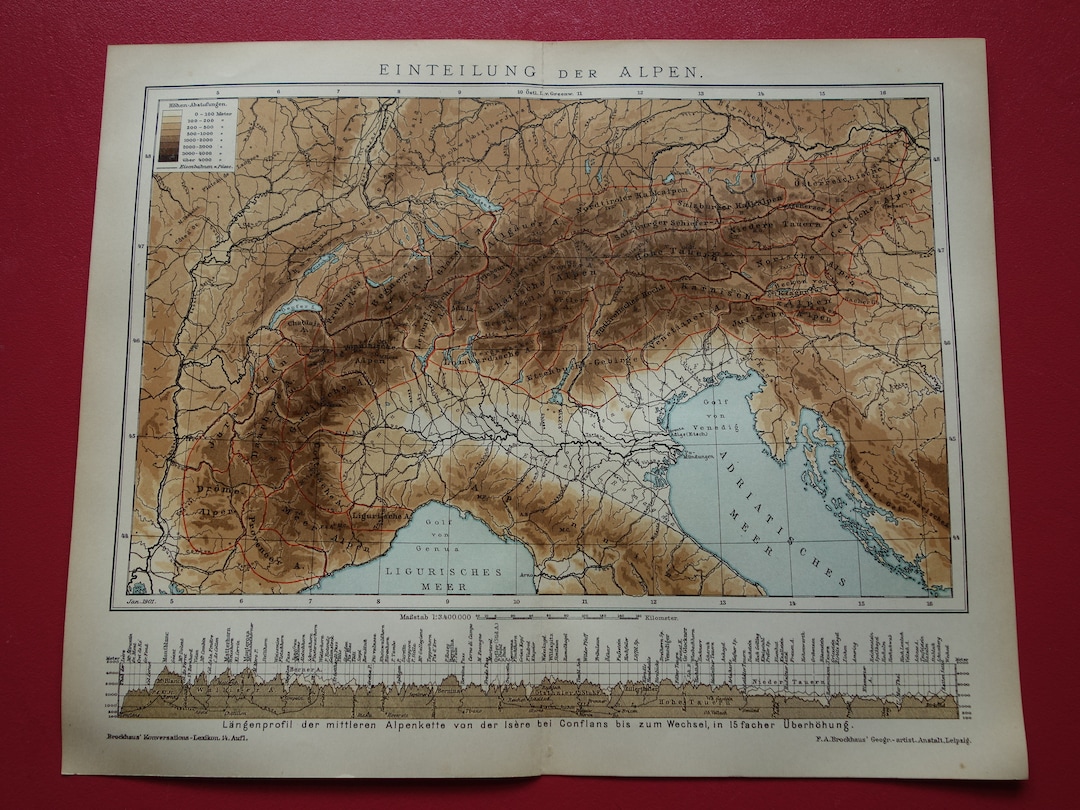 ALPS Old Height Map of Austria Switzerland 1901 Antique Print of ...