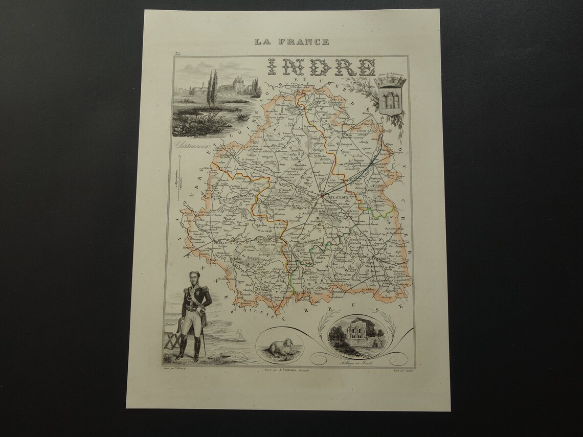 1851 INDRE Old Map of Indre Departement France Antique Hand | Etsy
