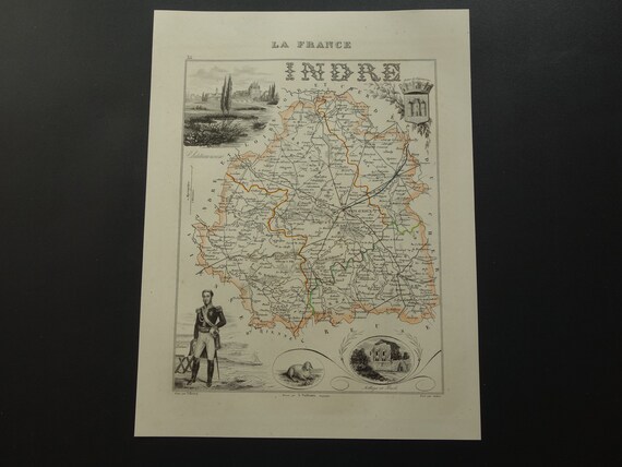 1851 INDRE Old Map of Indre Departement France Antique Hand | Etsy