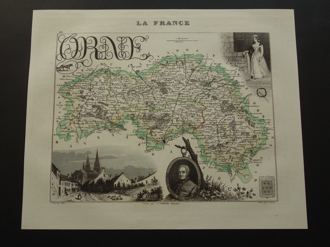 FRANCE Old Map of ORNE Department 1851 Original Hand-colored Antique ...