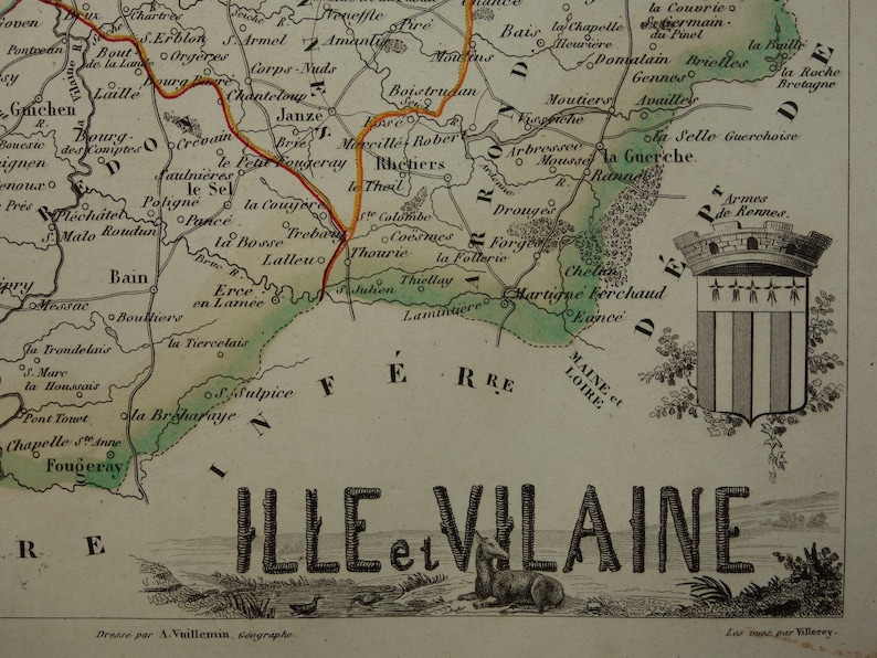 1851 Antique Map of Ille Et Vilaine Departement France - Beautiful Old ...