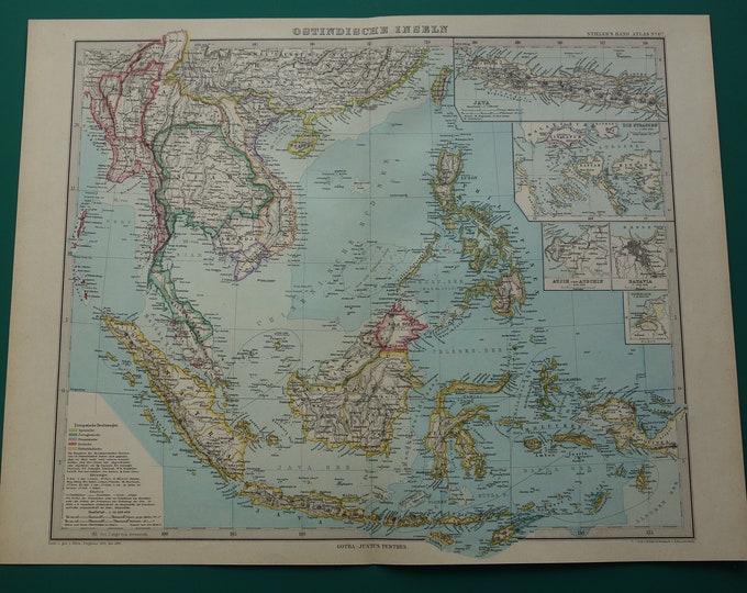 INDONESIA Old Map of Malay Archipelago LARGE Original 1886 Antique ...