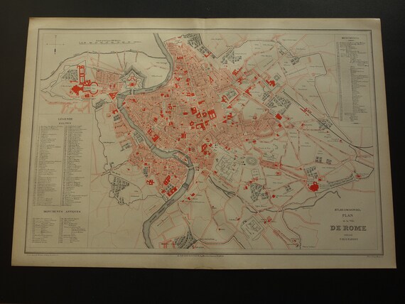 ROME Large Map of Rome Antique City Plan Original 1879 Old - Etsy
