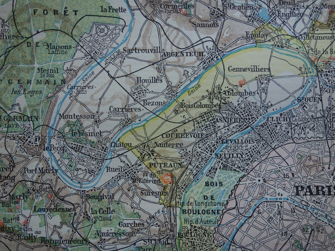 Antique French Map of Paris and Surroundings 1902 Old Print About City ...