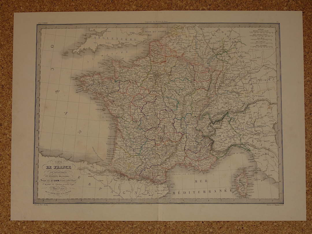 1842 FRANCE Old Map of France LARGE Original Old Hand-colored Print ...