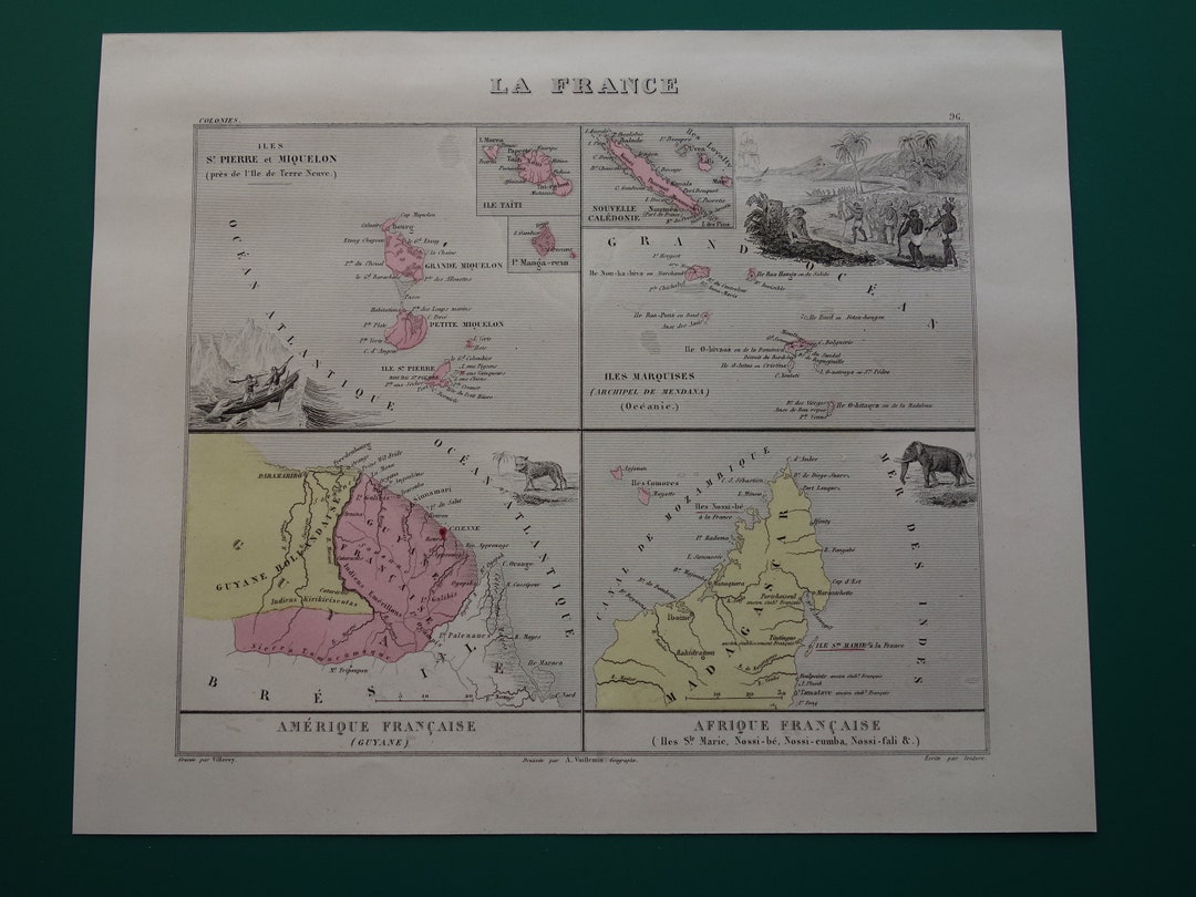 1876 Old Map of French Colonies Guiana Comoros Marquesas Islands ...