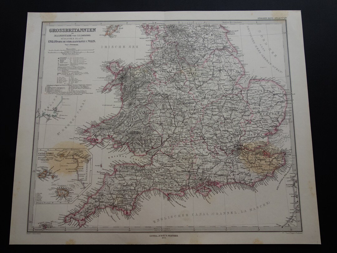 ENGLAND WALES Antique Map 1875 Original Beautiful Old Hand-colored ...