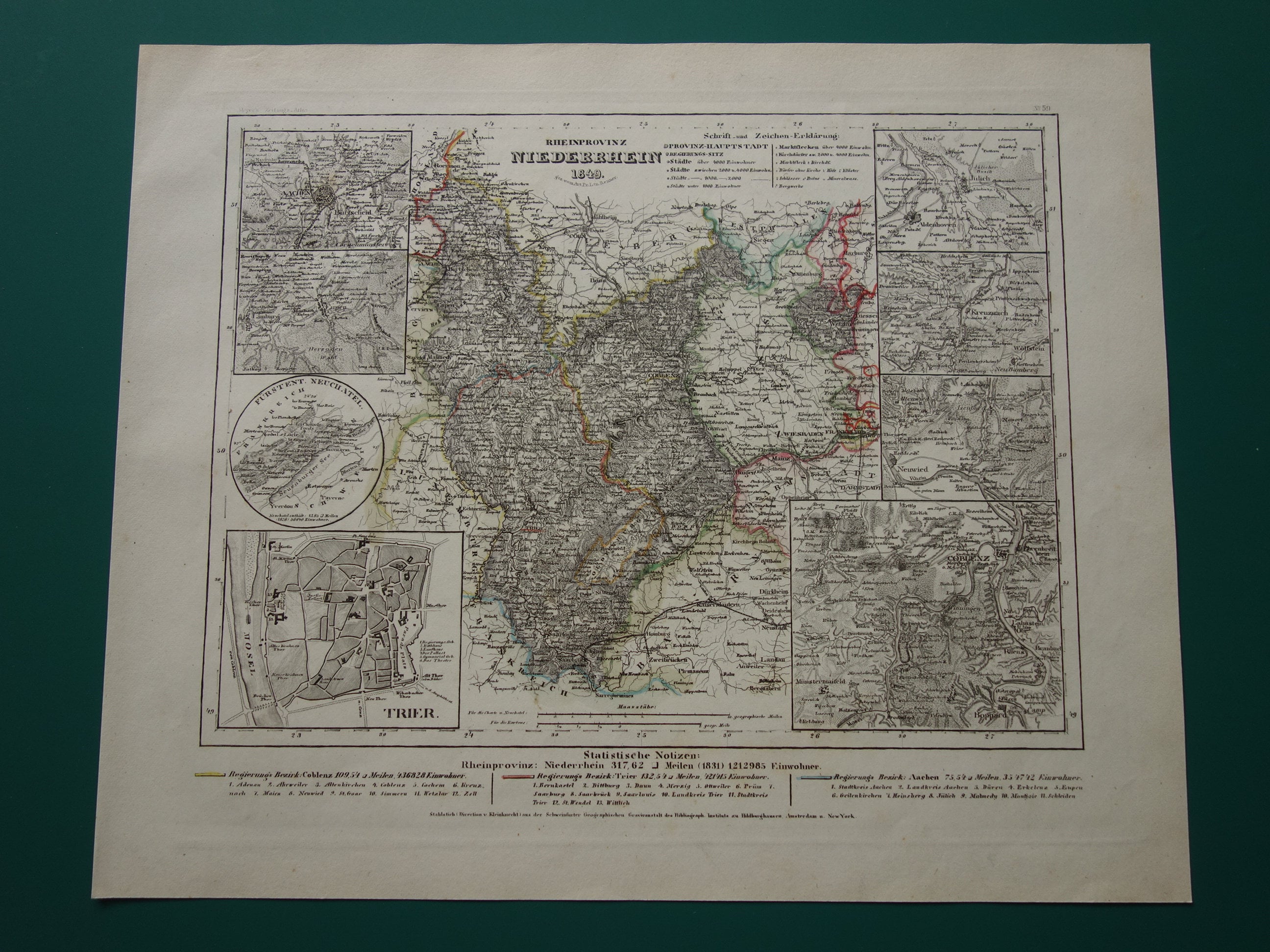 GERMANY Old Map 1849 Original Hand Colored Antique Print of Koblenz ...