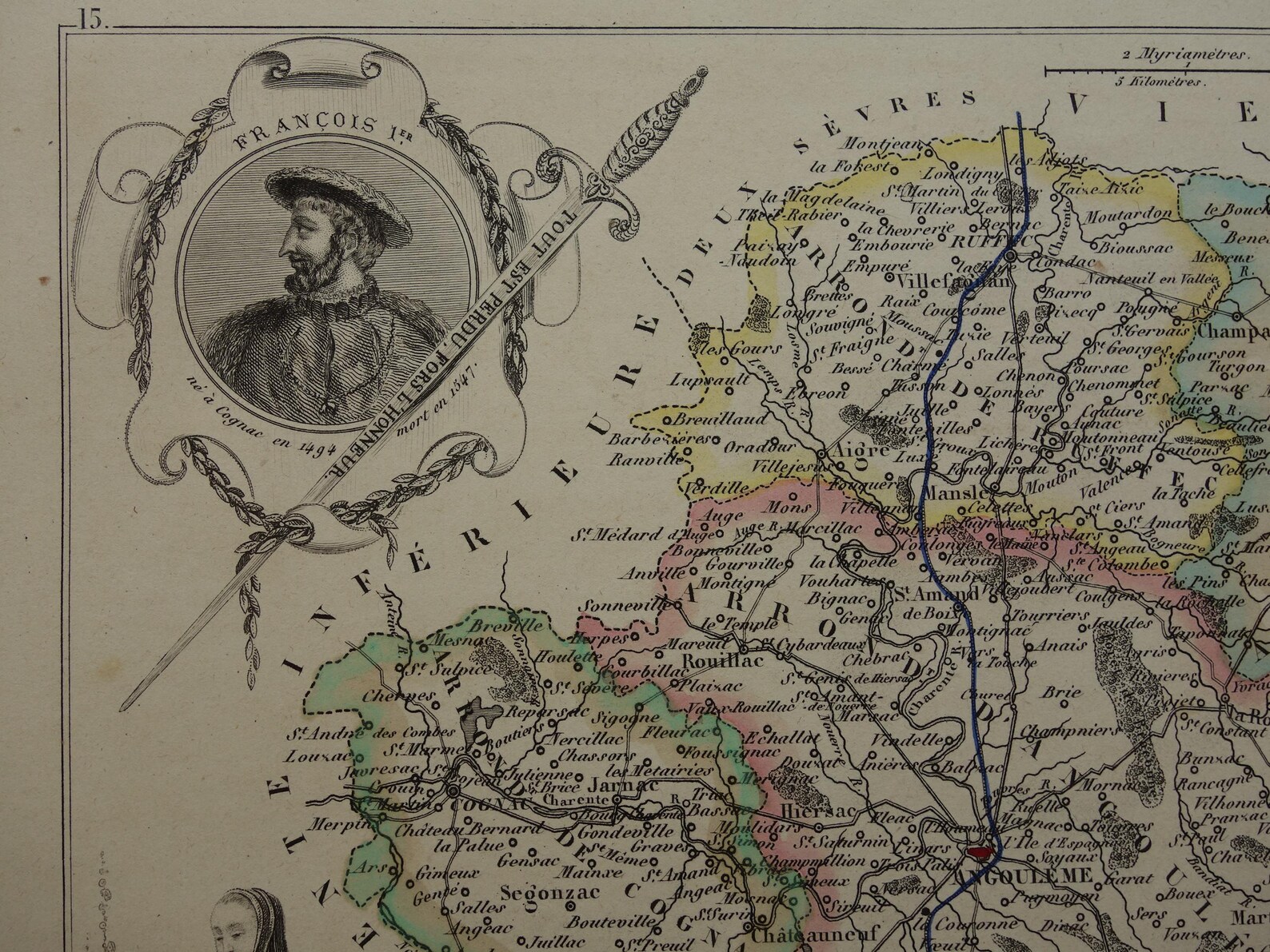 1856 CHARENTE Old Map of Charente Department - Original Hand-colored ...