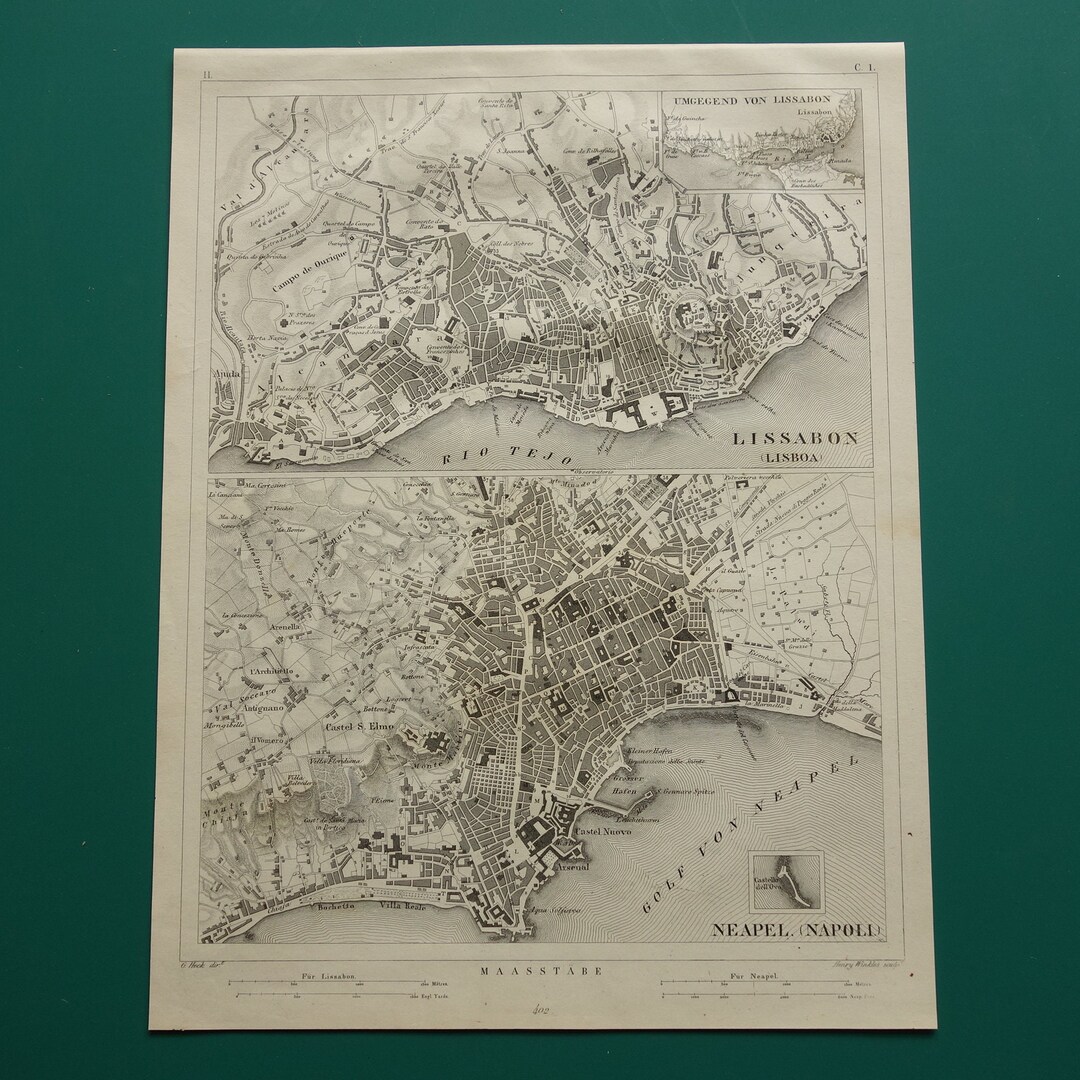 LISSABON Antique Map of Lissabon and Naples Original 170+ Years Old ...