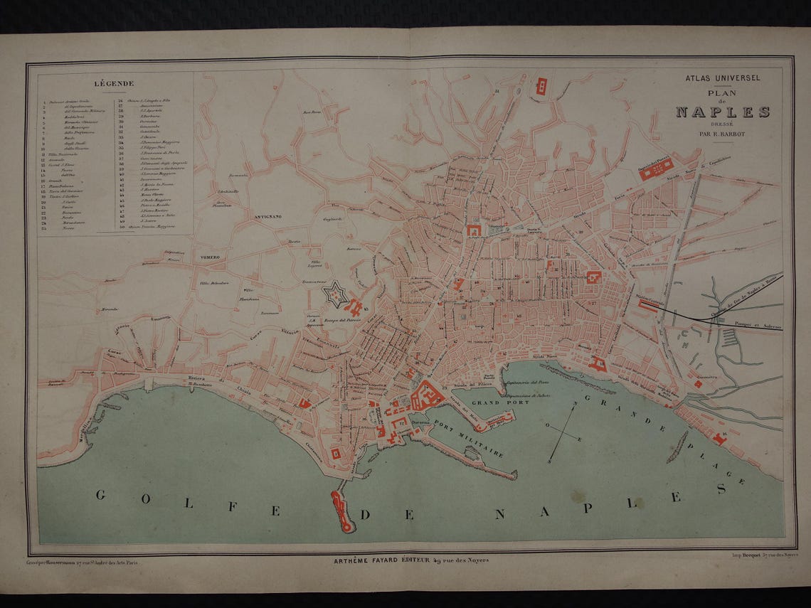 NAPLES Old Map of Naples Italy 1878 Beautiful Large Original Antique ...