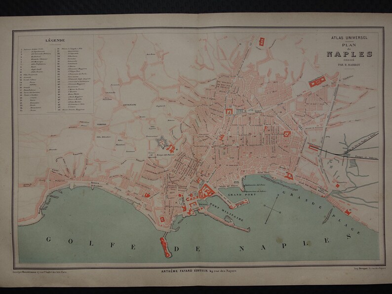 NAPLES Old Map of Naples Italy 1878 Beautiful Large Original Antique ...