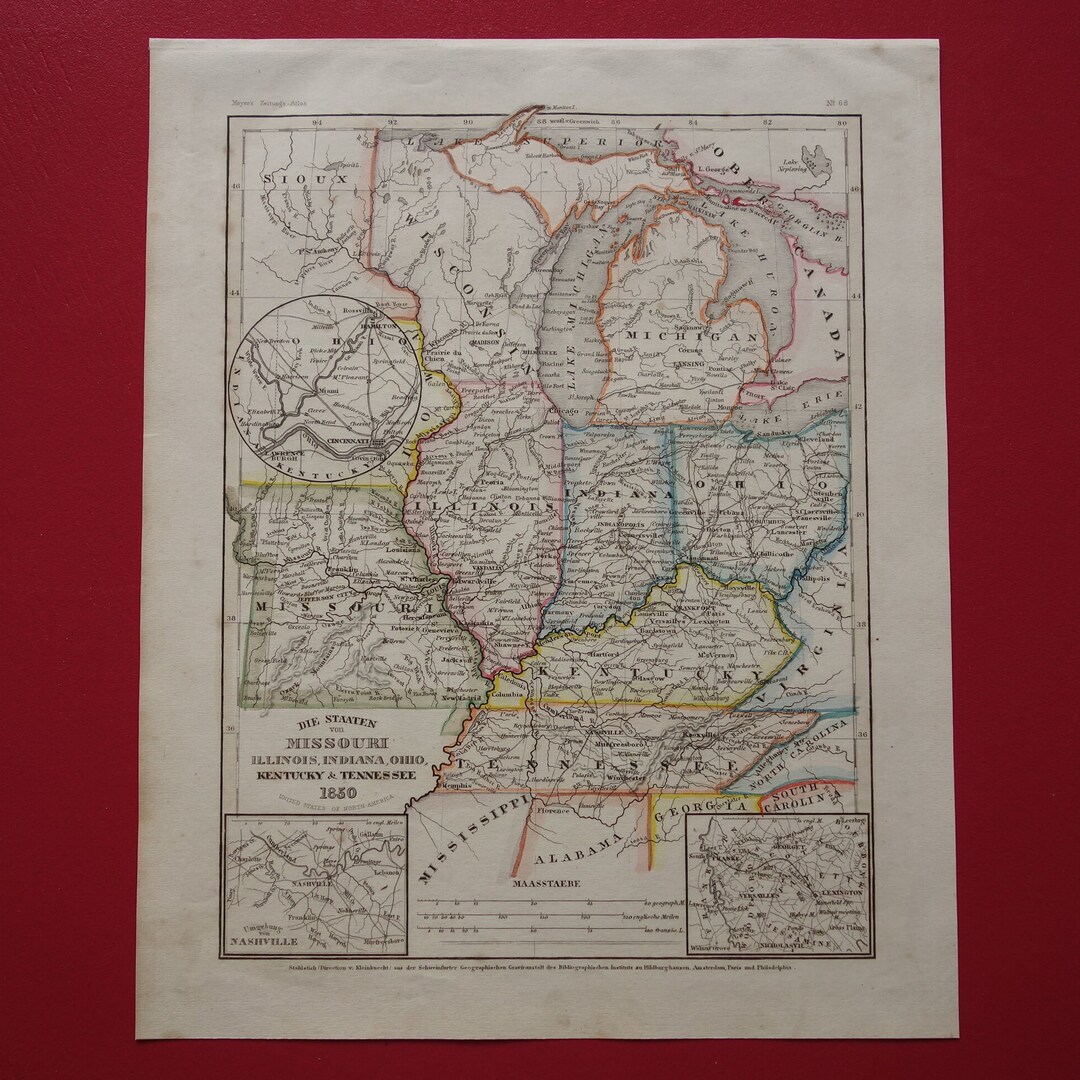 USA Old Map 1850 Hand Colored Antique Print of Michigan Ohio Tennessee ...
