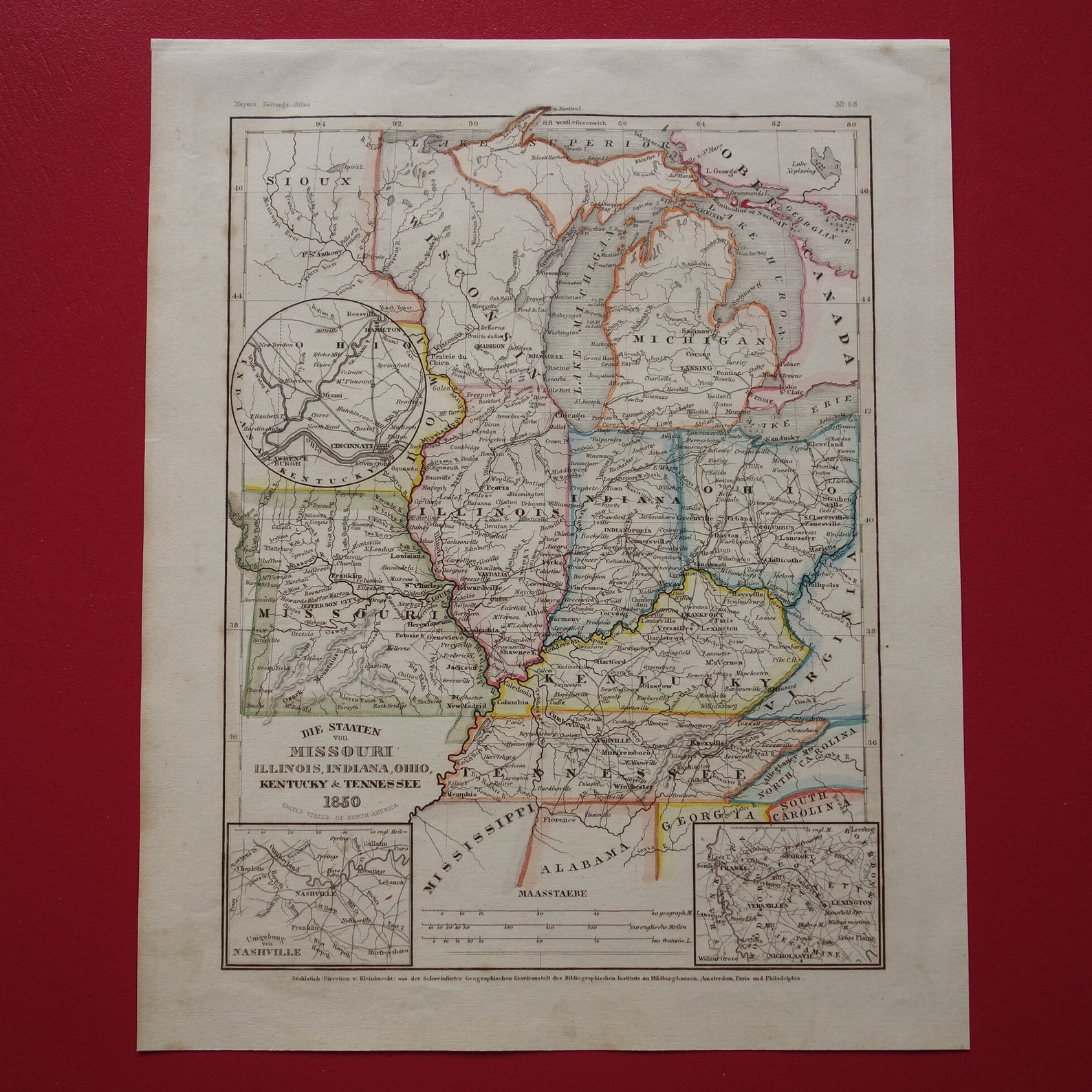 USA Old Map 1850 Hand Colored Antique Print of Michigan Ohio Tennessee ...