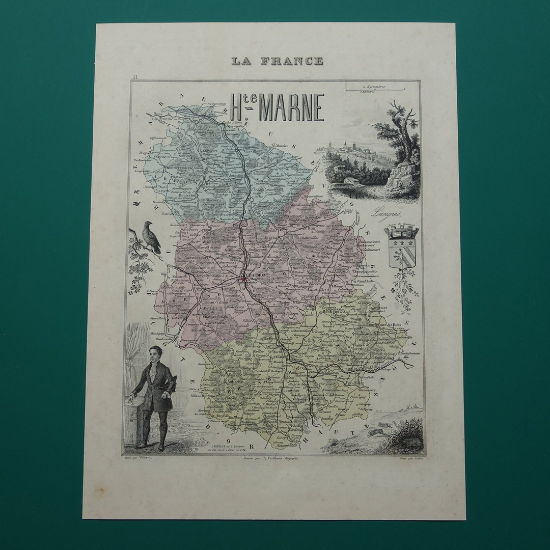 1870 HAUTE-MARNE Old Map of Departement France - Beautiful Antique Hand ...
