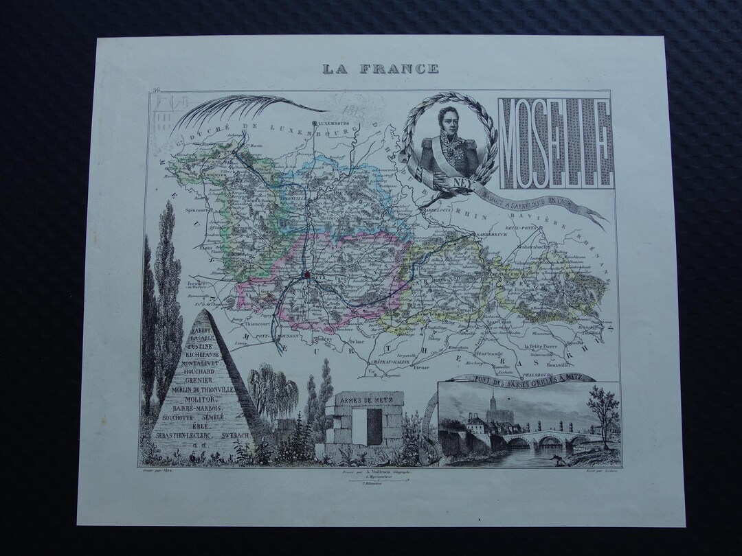 Old Map of Moselle Department France 1856 Beautiful Antique Hand ...