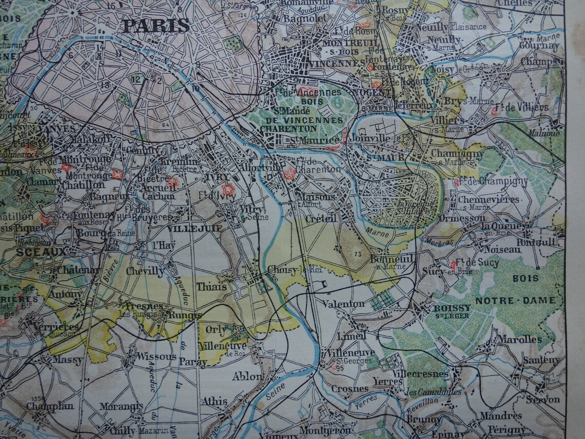 Antique French Map of Paris and Surroundings 1902 Old Print About City ...