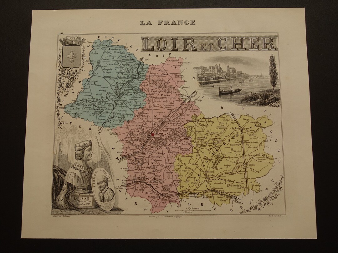 Antique Map of Loir-et-cher Department France Original 1876 Old Hand ...