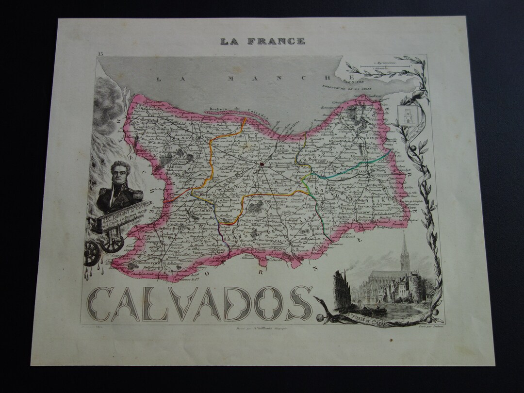 1851 Antique Map of Calvados Departement France - Old Hand Colored ...
