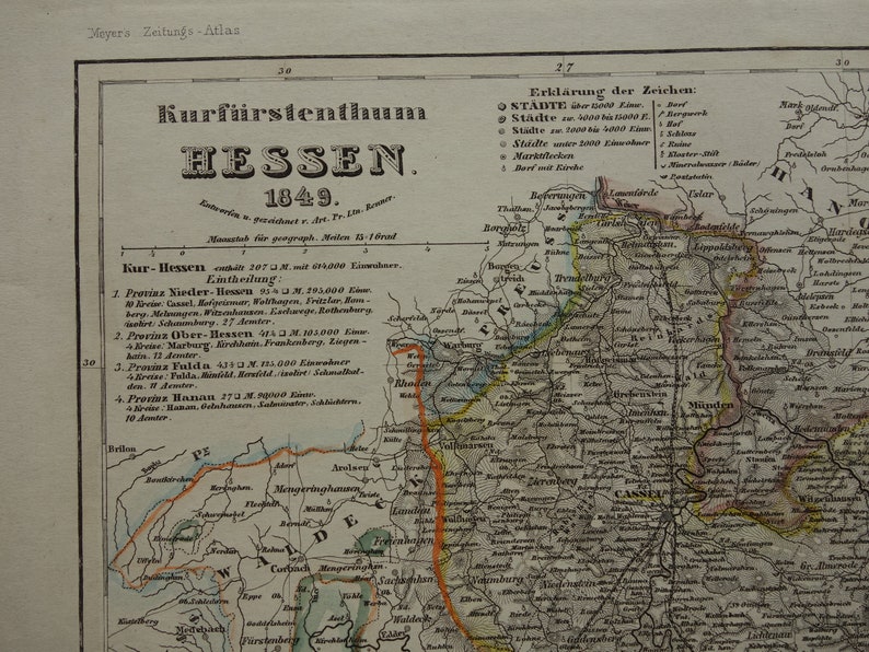 HESSEN Old Map of Kurfürstentum Hesse-kassel Germany 1849 Original ...