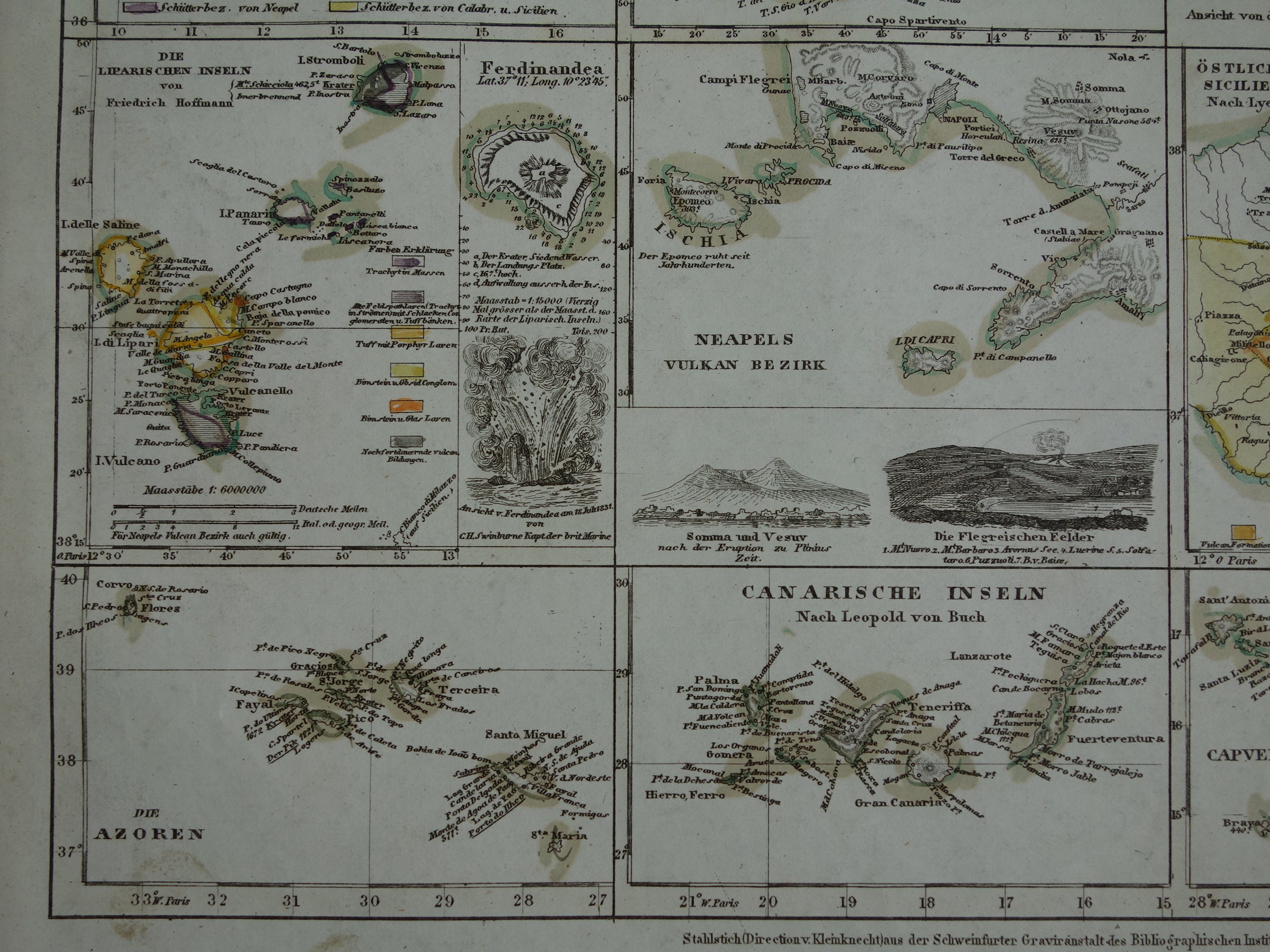VOLCANO Old Print of Volcanoes Around Atlantic 1851 Original Antique ...
