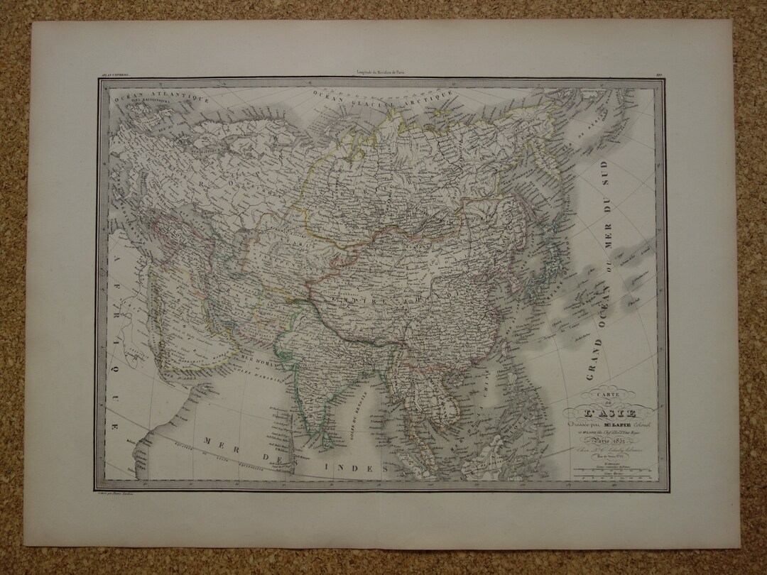 ASIA Old Map of Asia LARGE 1851 Original Antique French Print of the ...